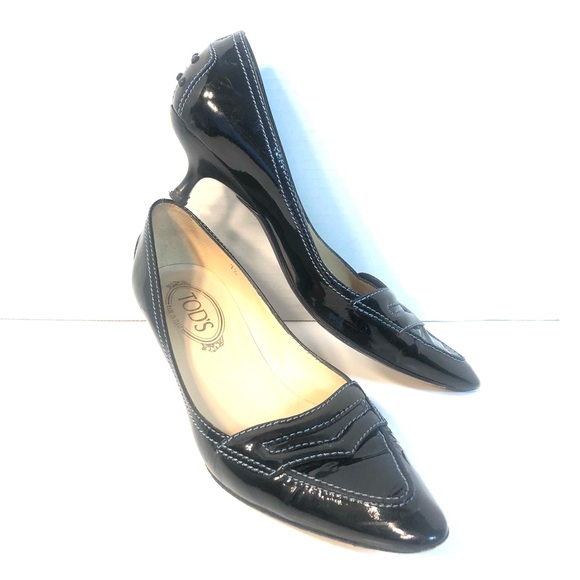 Tod's | Shoes | Tods Black Patent Leather Fifty Century Kitten Heel ...